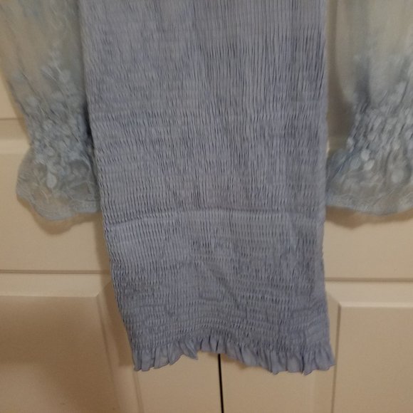 Dresses | Contrast Plant Embroidery Mesh Flounce Sleeve Shirred Bodycon ...